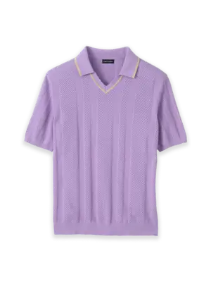 PAUL FREDRICK Cotton Crochet V-neck Polo Lavender
