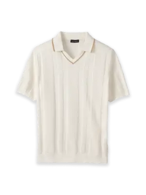 PAUL FREDRICK Cotton Crochet V-neck Polo White
