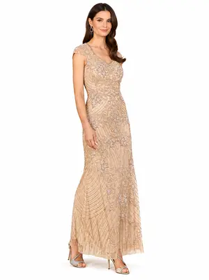 LARA NEW YORK Beaded Cap Sleeve Gown - Nude