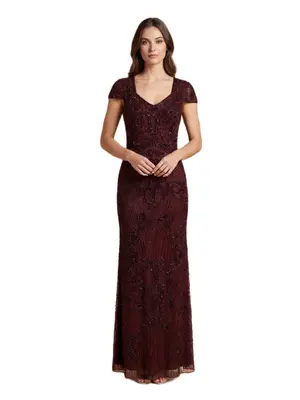 LARA NEW YORK Embellished Cap Sleeve V-neck Gown - Wine