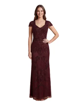LARA NEW YORK Embellished Cap Sleeve V-neck Gown - Wine