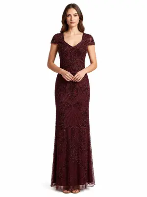 LARA NEW YORK Beaded Cap Sleeve Gown - Wine