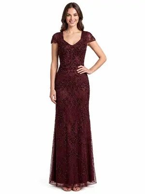 LARA NEW YORK Beaded Cap Sleeve Gown - Wine
