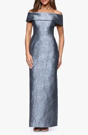 XSCAPE EVENINGS Metallic Jacquard Off-the-shoulder Gown