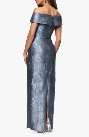 XSCAPE EVENINGS Metallic Jacquard Off-the-shoulder Gown