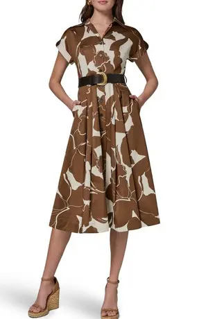 Donna Karan New York Floral Belted Cotton Midi Shirtdress - Cognac/light Canvas
