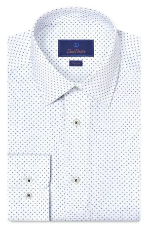 David Donahue Trim Fit Neat Print Cotton Dress Shirt - White/navy