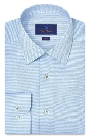 David Donahue Trim Fit Microcheck Cotton Dobby Dress Shirt - Blue