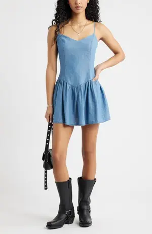 Bp. Cotton Chambray Mini Dress - Medium Chambray