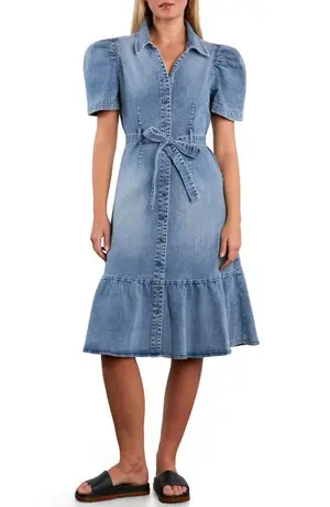 WASH LAB DENIM Muse Belted Puff Sleeve Denim Midi Shirtdress - Denim Muse