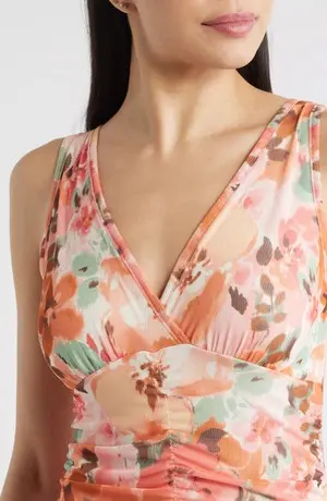 Loveappella Floral Ruched Mesh Maxi Dress - Blush