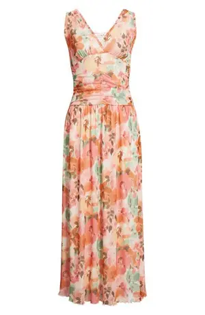 Loveappella Floral Ruched Mesh Maxi Dress - Blush