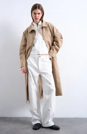 Topshop Stand Collar Longline Coat - Beige