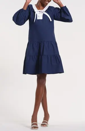 ISAAC MIZRAHI NEW YORK Long Sleeve Ruffle Hem Dress - Navy/white