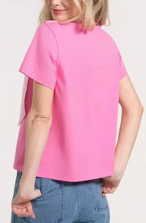 ISAAC MIZRAHI NEW YORK Striped Bow Stretch Cotton T-shirt - Light Pink
