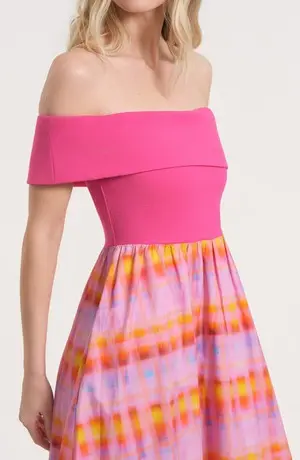ISAAC MIZRAHI NEW YORK Off-the-shoulder Midi Dress - Pink Multi