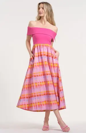 ISAAC MIZRAHI NEW YORK Off-the-shoulder Midi Dress - Pink Multi