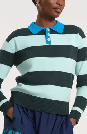 ISAAC MIZRAHI NEW YORK Floral Button Rugby Sweater - Teal/multi