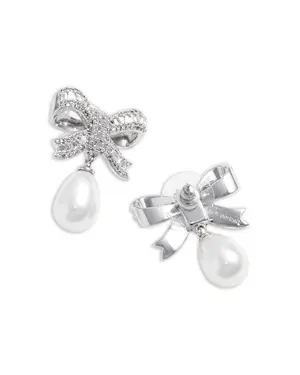 SELF-PORTRAIT Cubic Zirconia And Imitation Pearl Bow Drop Earrings - Silver/pearl