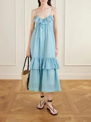 EKA Teek Ruffled Tiered Checkered Cotton Silk Dress