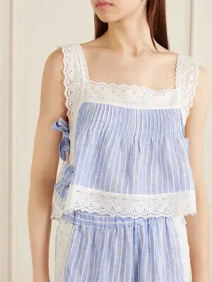 Loretta Caponi Fiocchini Pleated Striped Linen Top
