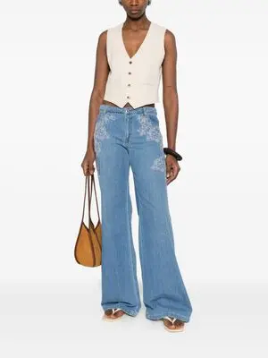 ERMANNO FIRENZE Embroidered Wide Leg Denim Jeans - Clear Blue
