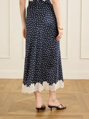 Rixo Matilde Lace-trimmed Polka-dot Satin Midi Skirt