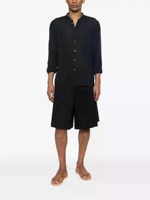 120% Lino Collarless Long-sleeve Shirt - Blue