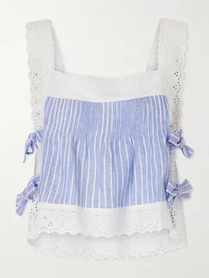 Loretta Caponi Fiocchini Pleated Striped Linen Top - Blue