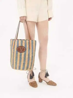 Valentino Garavani Natural And Striped Raffia Shopping Bag - Blue