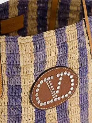 Valentino Garavani Natural And Striped Raffia Shopping Bag - Blue