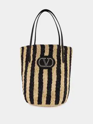 Valentino Garavani Natural And Striped Raffia Shopper - Black