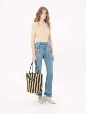 Valentino Garavani Natural And Striped Raffia Shopper - Black
