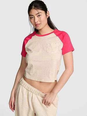 Pink PINK Cotton Raglan Sleeve Tee Beige