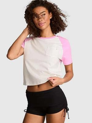 Pink Cotton Raglan Sleeve Tee - Grey