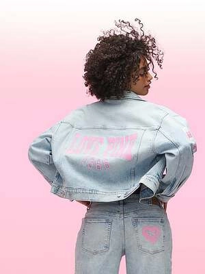 Pink Denim Trucker Jacket With Embellishments - Blue