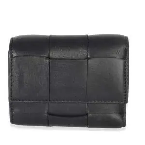 Bottega Veneta Black Cassette Intrecciato Small Trifold Wallet Black