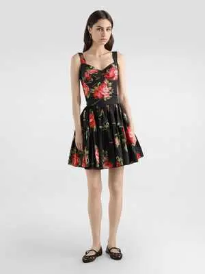 Dolce & Gabbana Rose Bouquet Cotton Bustier Top - Black