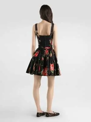 Dolce & Gabbana Rose Bouquet Cotton Bustier Top - Black