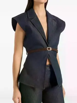 Manière De Voir Linda Wide Shoulder Cinched Denim Waistcoat - Blue