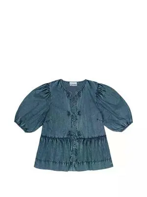 GANNI Peplum Top With Bow Detail - Blue