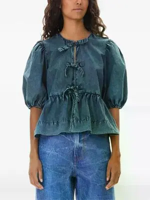 GANNI Peplum Top With Bow Detail - Blue