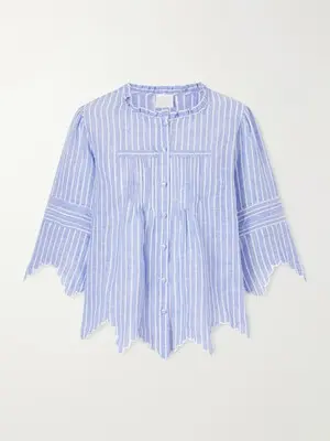 Loretta Caponi Matilde Scalloped Striped Linen Shirt - Blue