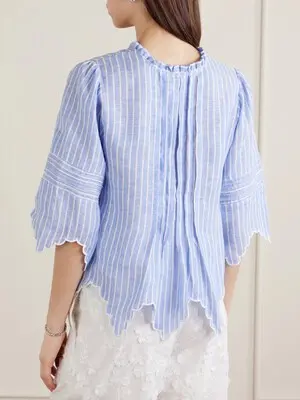 Loretta Caponi Matilde Scalloped Striped Linen Shirt - Blue