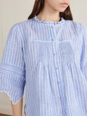 Loretta Caponi Matilde Scalloped Striped Linen Shirt - Blue