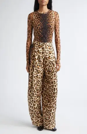 Sportmax Oblo Leopard Print Silk Twill Wide Leg Pants - Camel