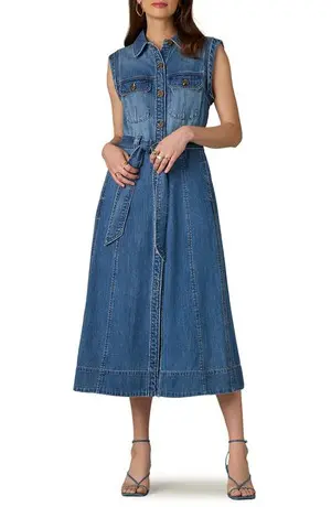 Wit & Wisdom Sleeveless Tie Belt Denim Shirtdress - Mid Blue