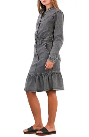WASH LAB DENIM Ruffle Hem Long Sleeve Denim Dress - Ash Grey