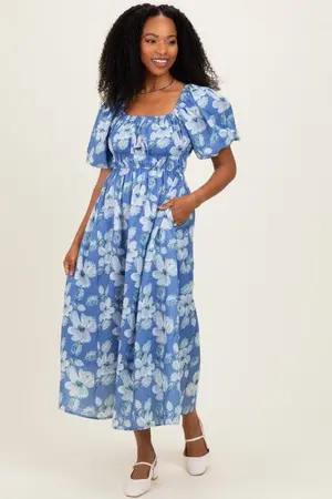PINKBLUSH Floral Print Square Neck Puff Sleeve Midi Dress - Blue