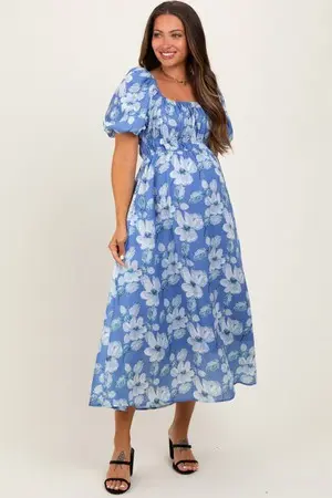 PINKBLUSH Floral Print Square Neck Puff Sleeve Midi Dress